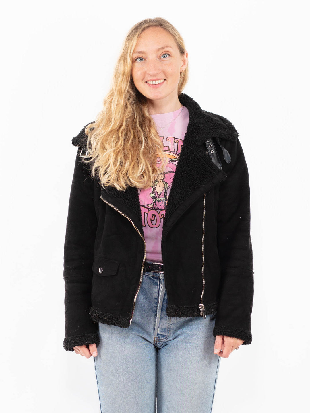 Online Vintage Store | Vintage 00's Women Faux Sheepskin Jacket in Black | NorthernGrip